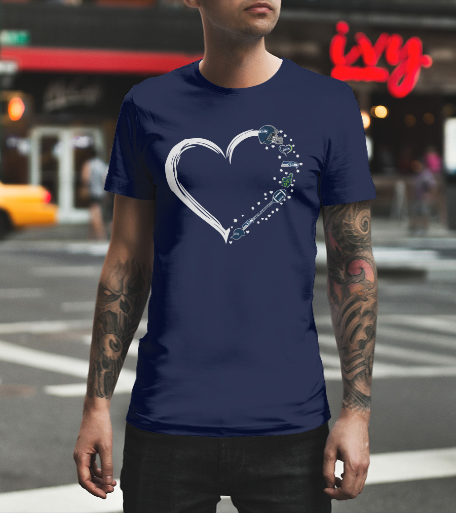 Seattle Seahawks Love Heart With Helmet And Football Symbols T-Shirt