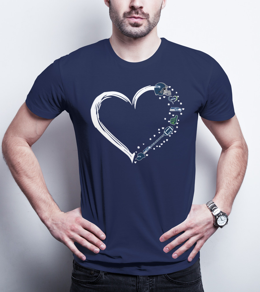 Seattle Seahawks Love Heart With Helmet And Football Symbols T-Shirt
