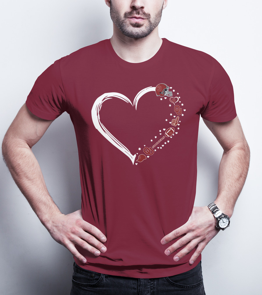 Oklahoma Sooners Heart Design With Helmets And Footballs T-Shirt