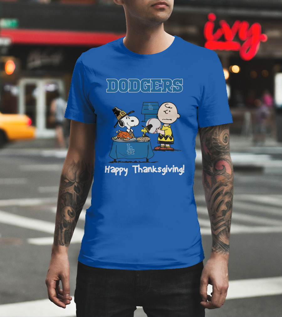 Dodgers Snoopy Charlie Brown Happy Thanksgiving Baseball LA T-Shirt