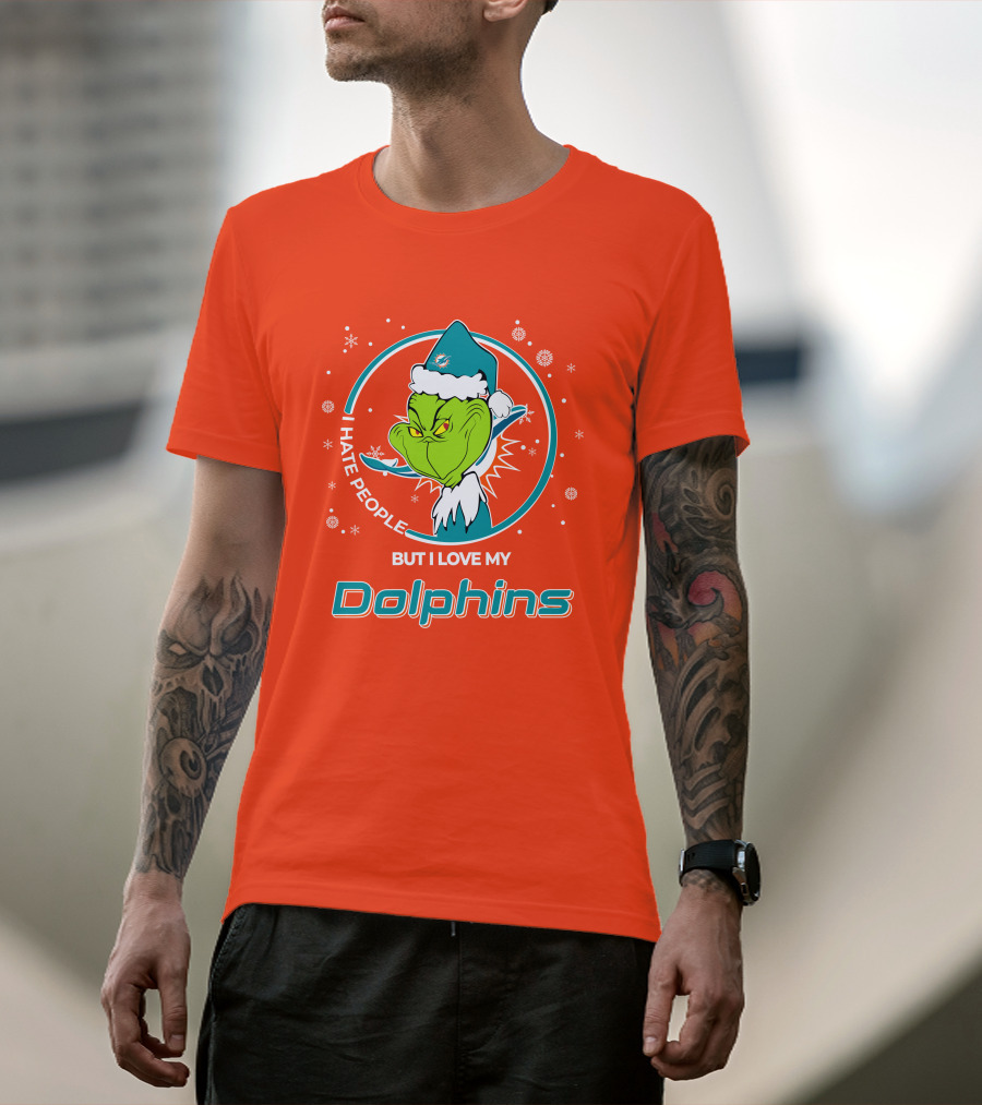 Christmas Grinch Santa I Hate People But I Love My Dolphins Miami Dolphins T-Shirt