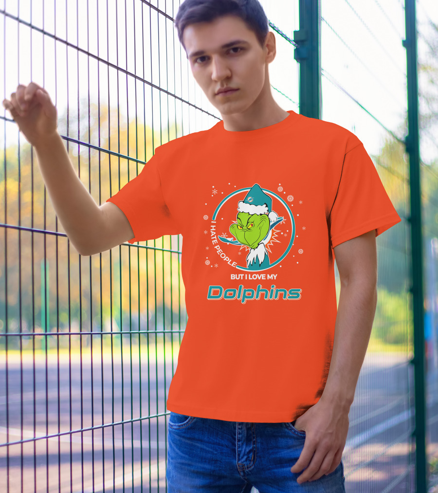 Christmas Grinch Santa I Hate People But I Love My Dolphins Miami Dolphins T-Shirt