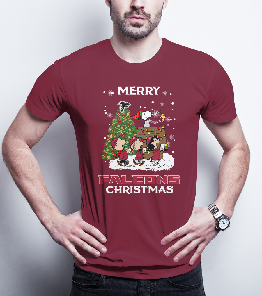 Merry Falcons Christmas Peanuts Tree Atlanta Snowflakes T-Shirt