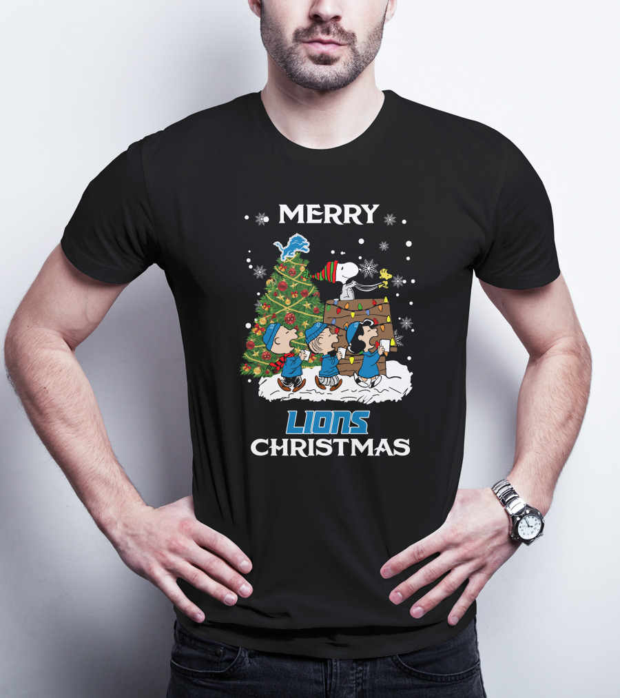 Merry Lions Christmas Detroit Peanuts Tree T-Shirt