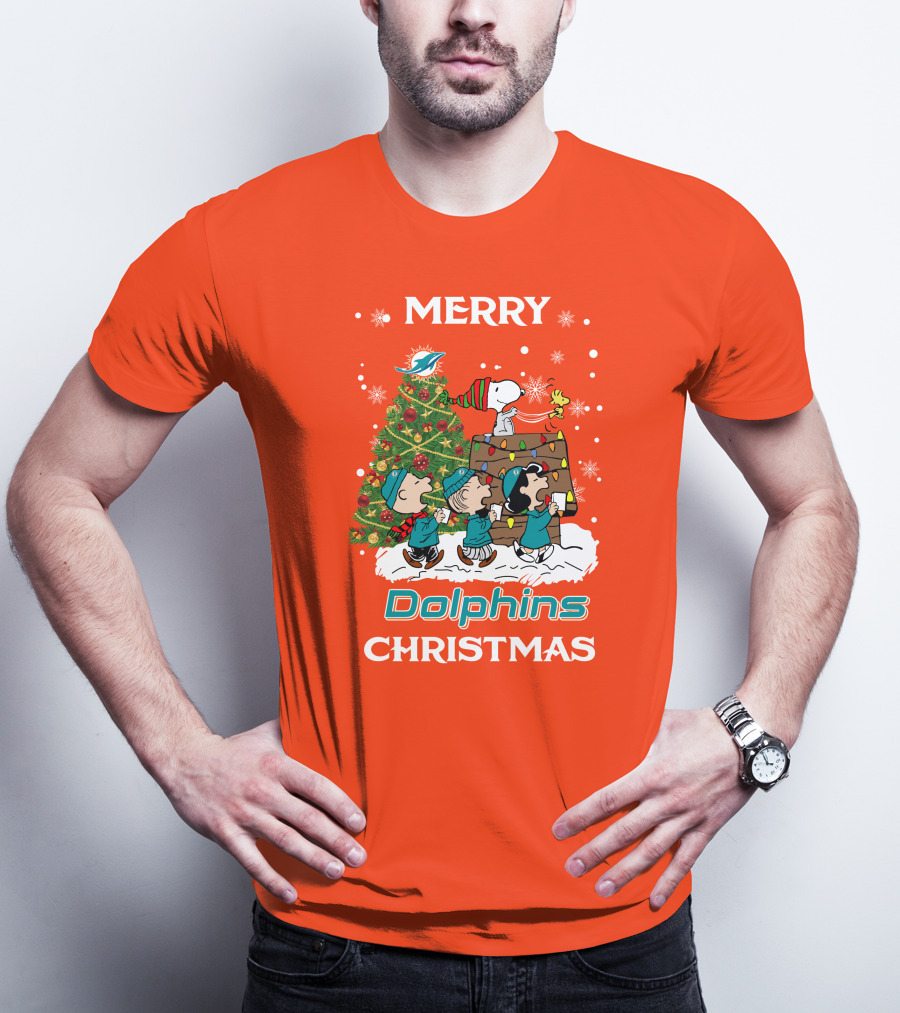 Merry Dolphins Christmas Peanuts Characters With Tree Miami T-Shirt