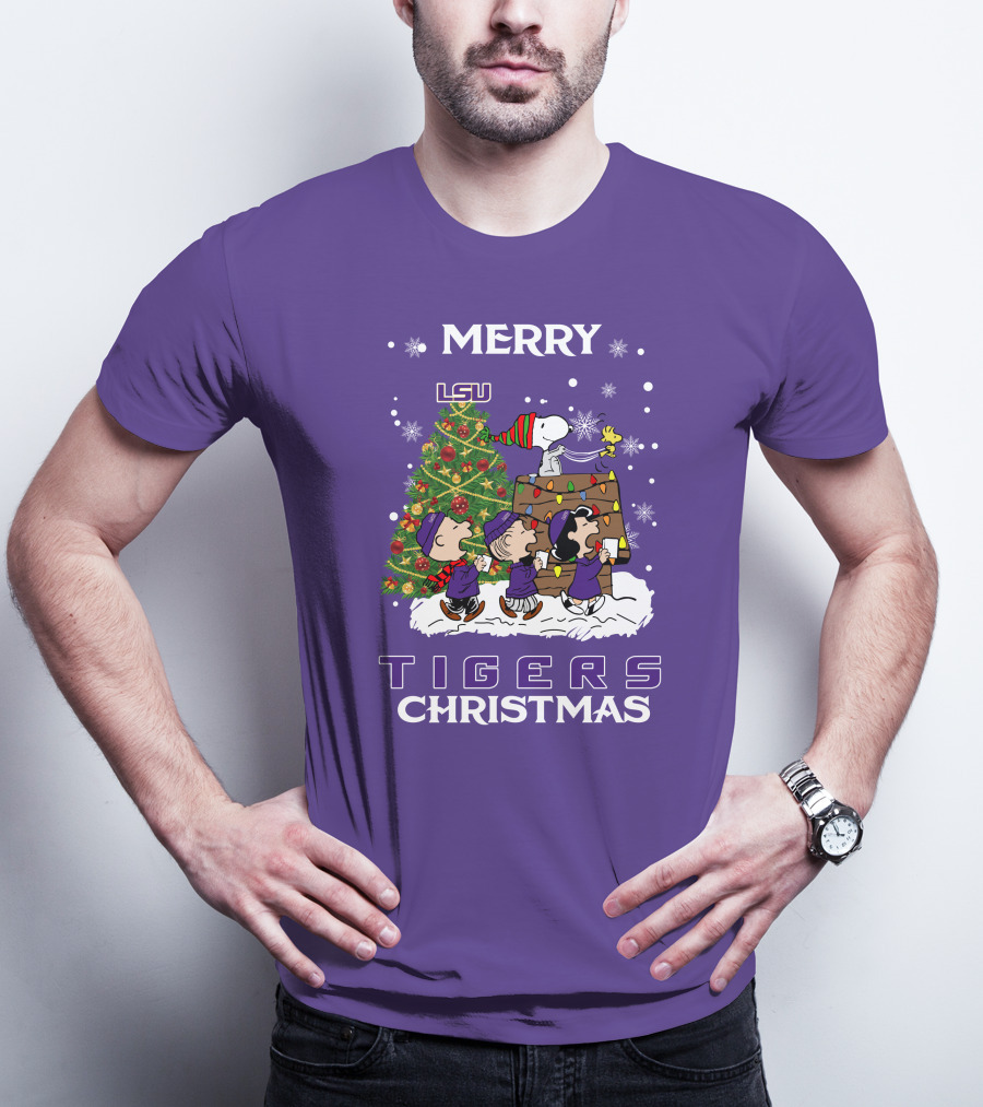 Lsu Tigers Merry Christmas Snoopy Christmas Tree Peanuts T-Shirt