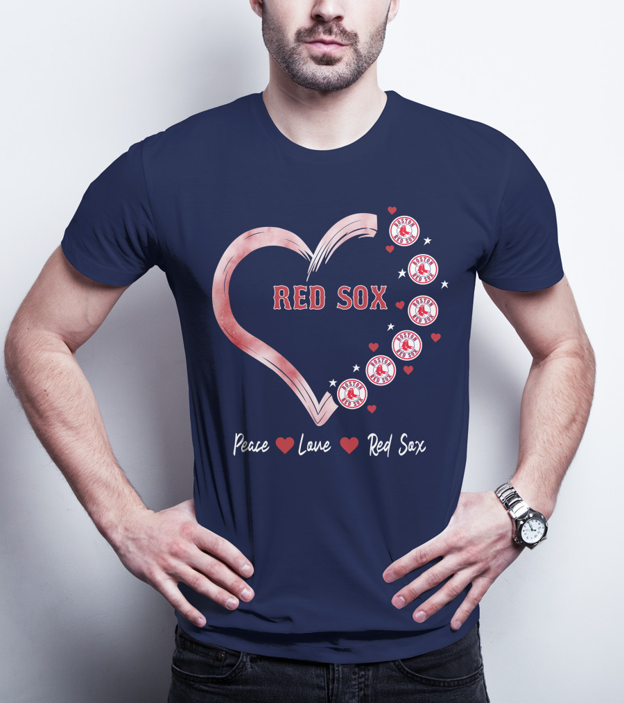 Peace Love Red Sox Heart With Boston Red Sox Logos And Stars T-Shirt