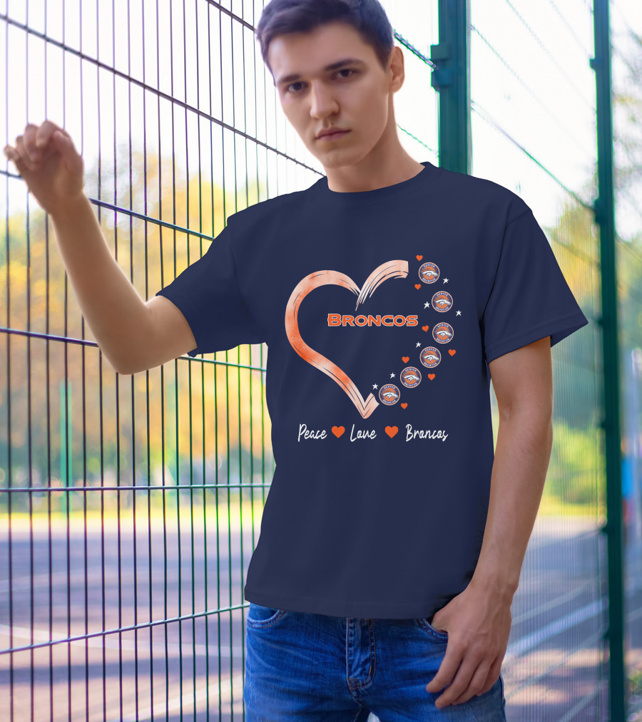 Peace Love Broncos Heart With Denver Broncos Logos And Stars T-Shirt