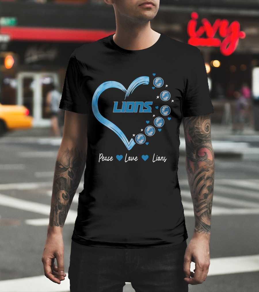 Peace Love Detroit Lions Retro Heart Fan Emblem T-Shirt