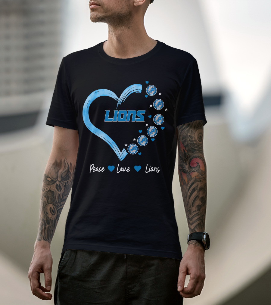 Peace Love Detroit Lions Retro Heart Fan Emblem T-Shirt