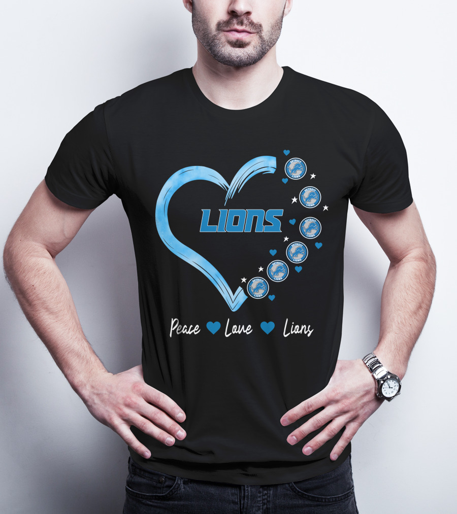Peace Love Detroit Lions Retro Heart Fan Emblem T-Shirt