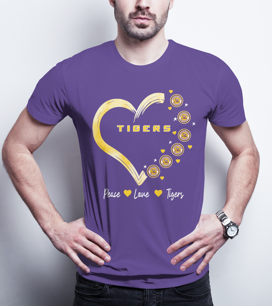 Peace Love LSU Tigers Heart Design With Logo Elements T-Shirt