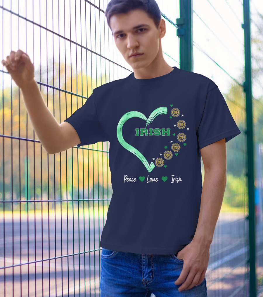 Peace Love Irish Notre Dame Fighting Irish Logos And Heart T-Shirt