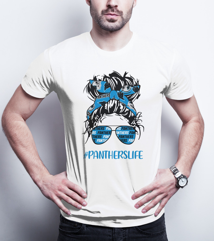 PanthersLife Messy Bun Girl With Panthers Headband And Glasses T-Shirt