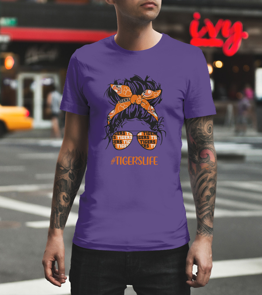 TigersLife Clemson Tigers Messy Bun Girl With Headband And Glasses T-Shirt