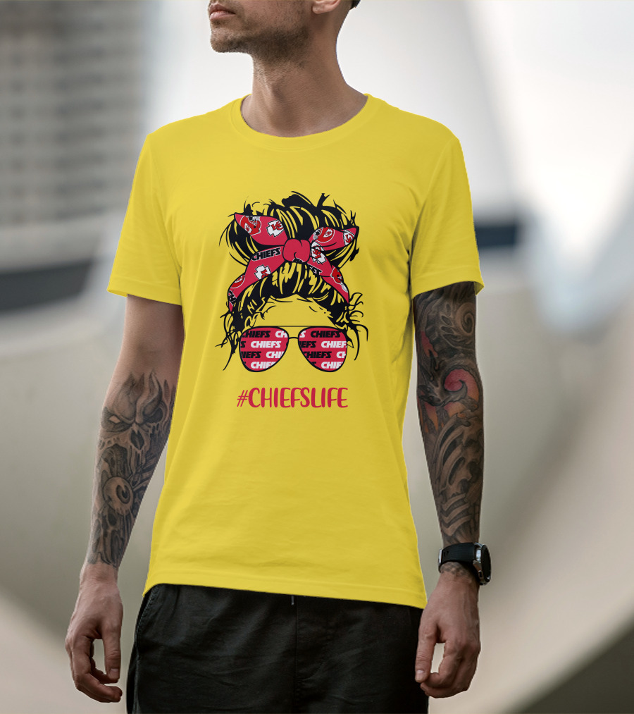 Kansas City Chiefs Life Messy Bun Girl With Chiefs Headband And CHIEFS Glasses T-Shirt