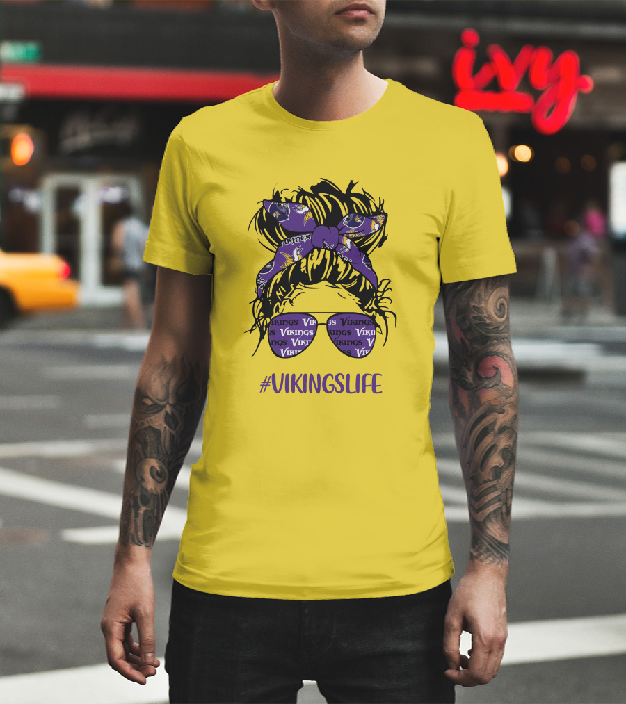 Vikings Life Messy Bun Girl Headband Glasses Minnesota Vikings T-Shirt