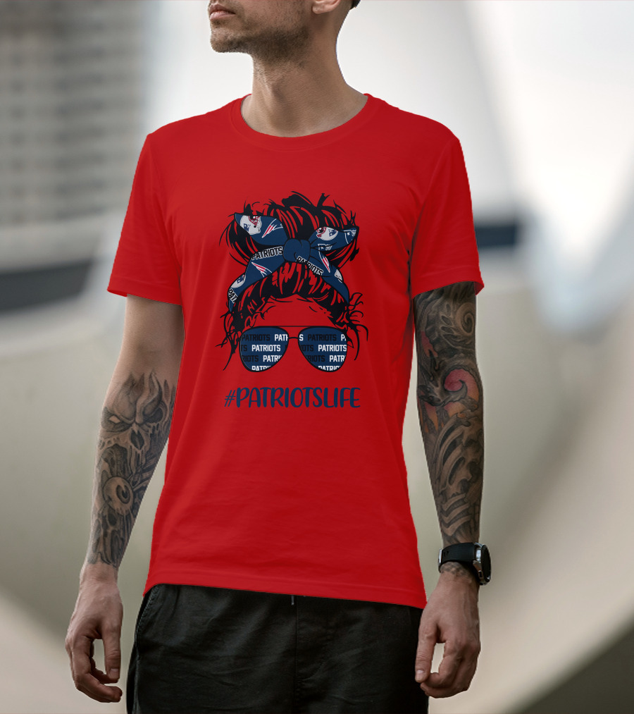 PATRIOTSLIFE New England Patriots Messy Bun Girl Headband Glasses T-Shirt