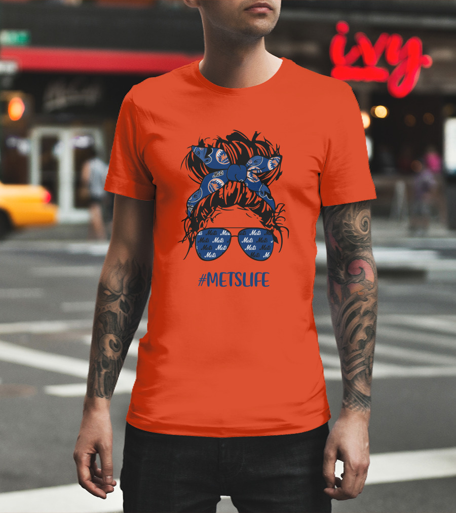 New York Mets Life Messy Bun Girl Headband Glasses #MetsLife T-Shirt