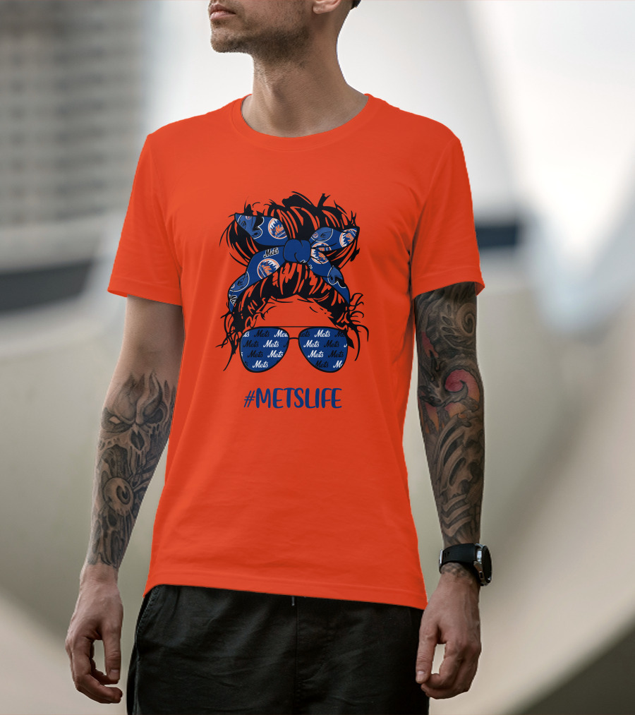 New York Mets Life Messy Bun Girl Headband Glasses #MetsLife T-Shirt