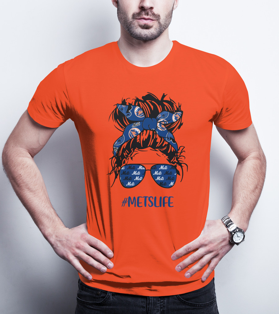 New York Mets Life Messy Bun Girl Headband Glasses #MetsLife T-Shirt