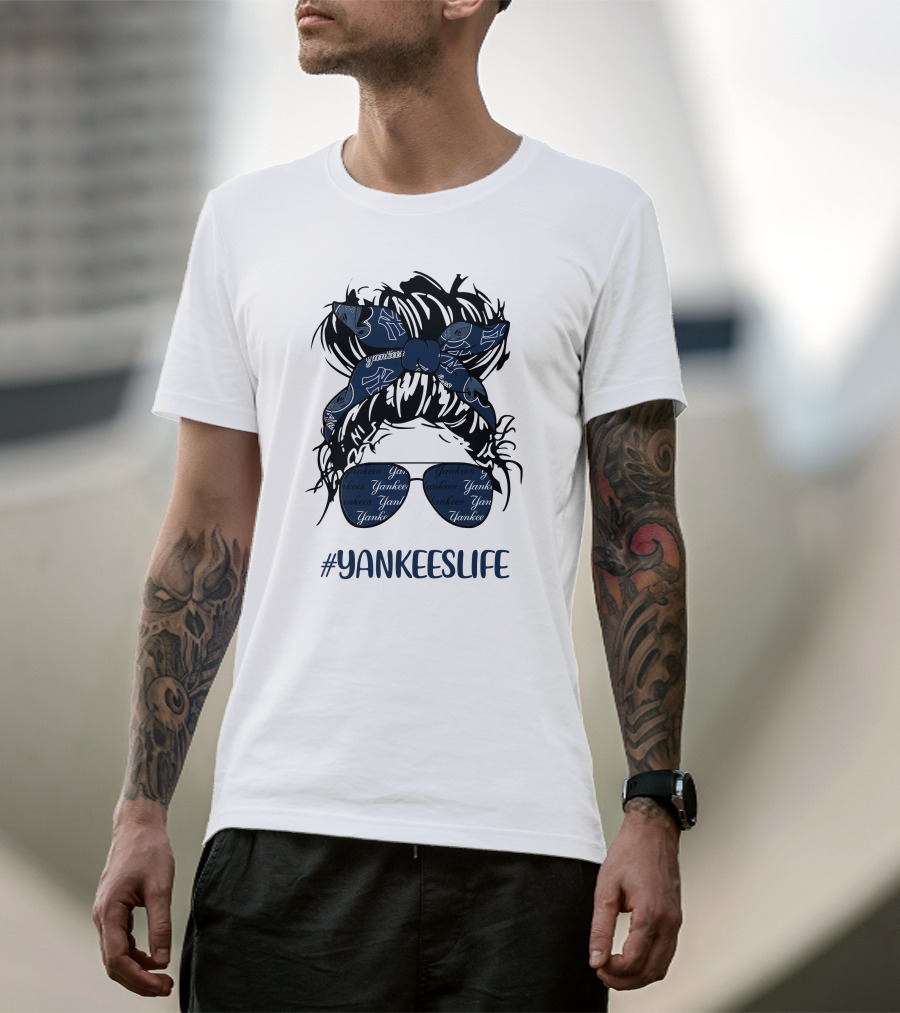 YANKEESLIFE Messy Bun Girl With Yankees Headband And Glasses T-Shirt