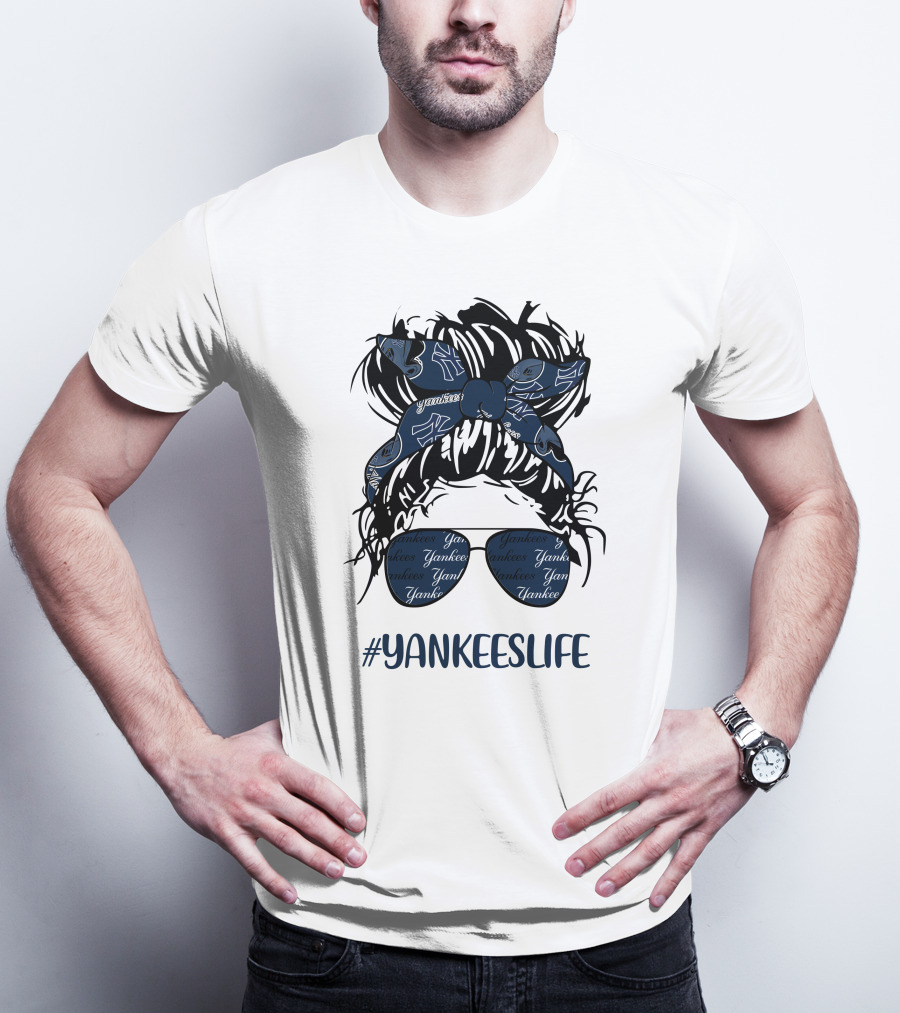 YANKEESLIFE Messy Bun Girl With Yankees Headband And Glasses T-Shirt