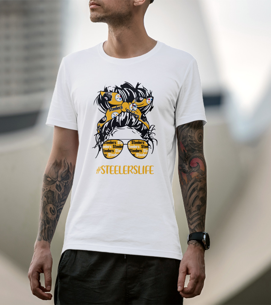SteelersLife Messy Bun Girl With Steelers Headband And Glasses T-Shirt