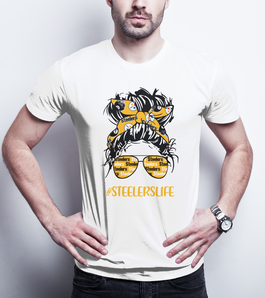 SteelersLife Messy Bun Girl With Steelers Headband And Glasses T-Shirt