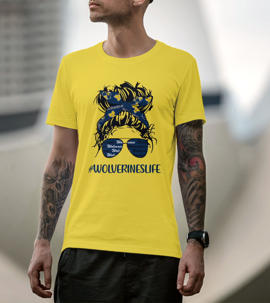 Michigan Wolverines Life Messy Bun Girl Headband Glasses Wolverines T-Shirt