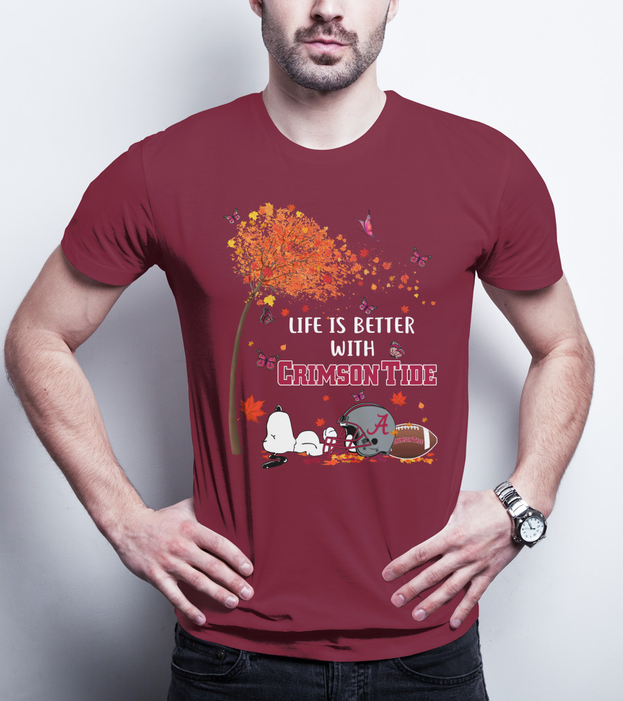 Life Is Better With Crimson Tide Alabama Football Autumn Leaves Butterflies Snoopy Woodstock T-Shirt