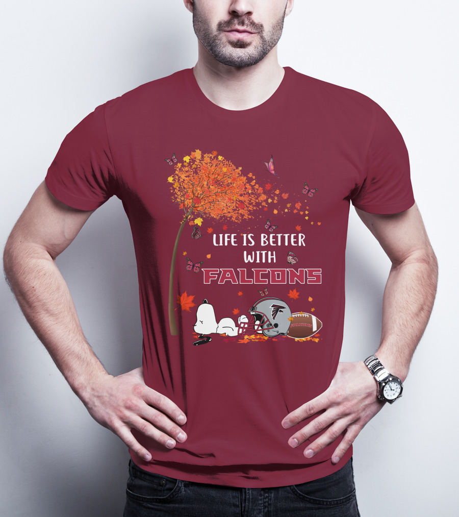 Life Is Better With Falcons Autumn Leaves Helmet Football Snoopy T-Shirt