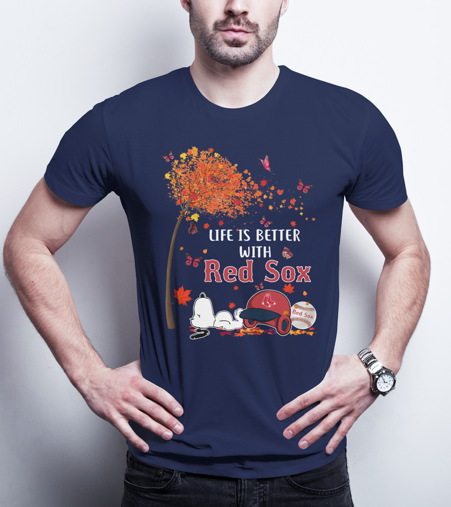 Life Is Better With Red Sox Tree Butterflies Baseball T-Shirt