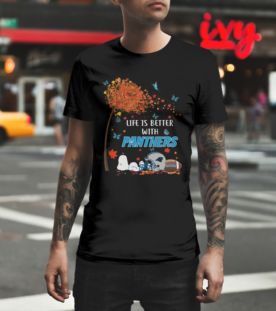 Life Is Better With Panthers Carolina Football Helmet And Autumn Leaves T-Shirt