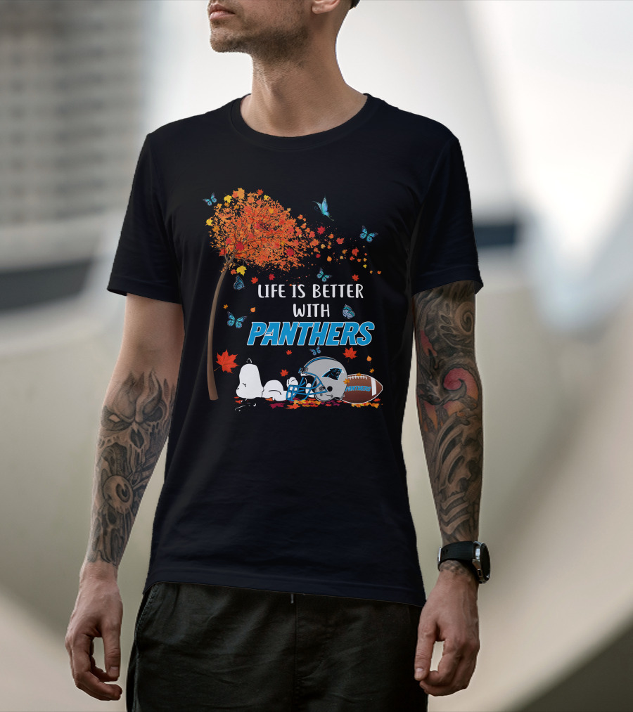 Life Is Better With Panthers Carolina Football Helmet And Autumn Leaves T-Shirt