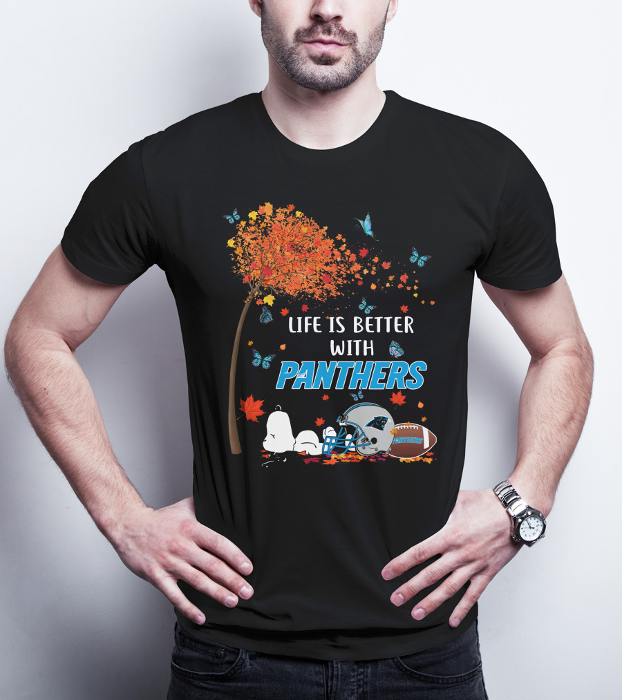 Life Is Better With Panthers Carolina Football Helmet And Autumn Leaves T-Shirt