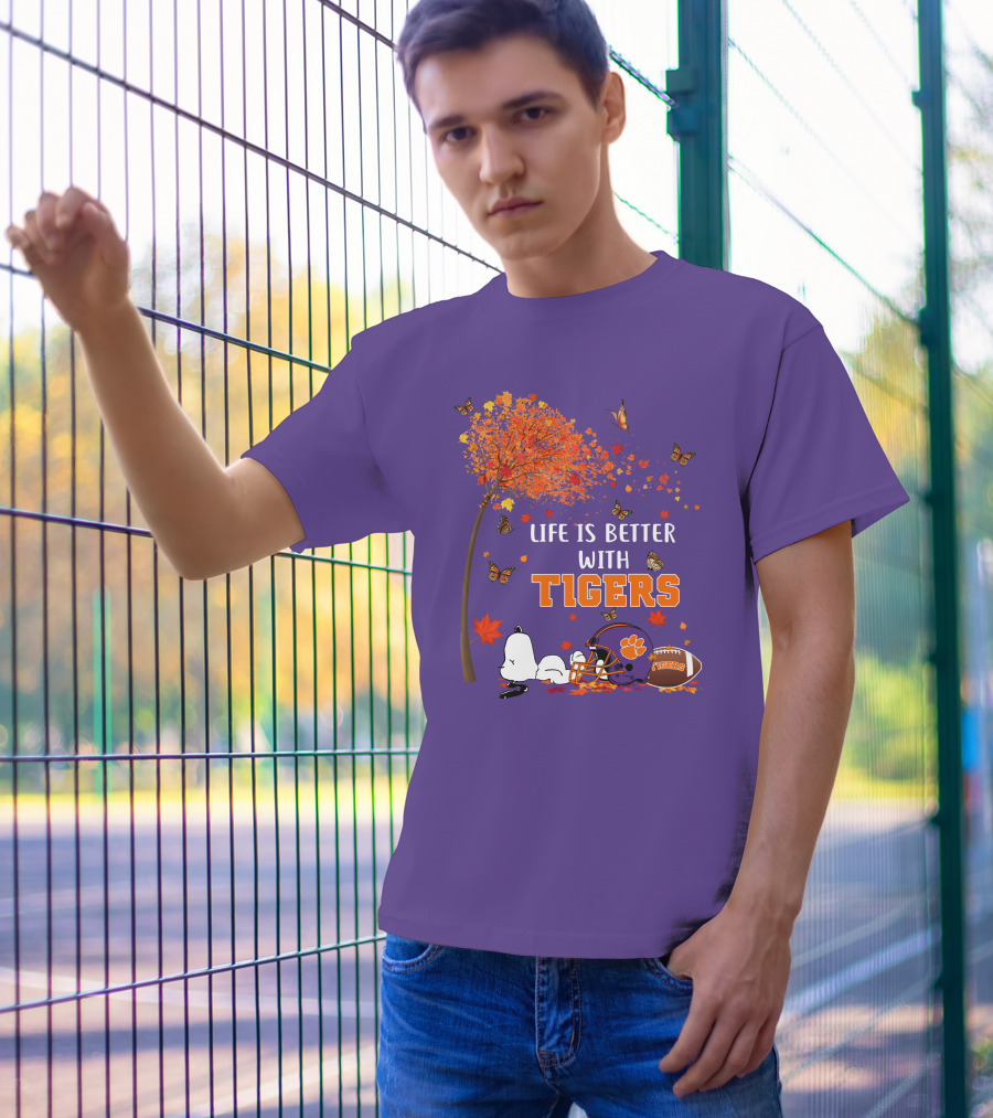 Life Is Better With Tigers Autumn Tree Snoopy Football Helmet Butterflies T-Shirt