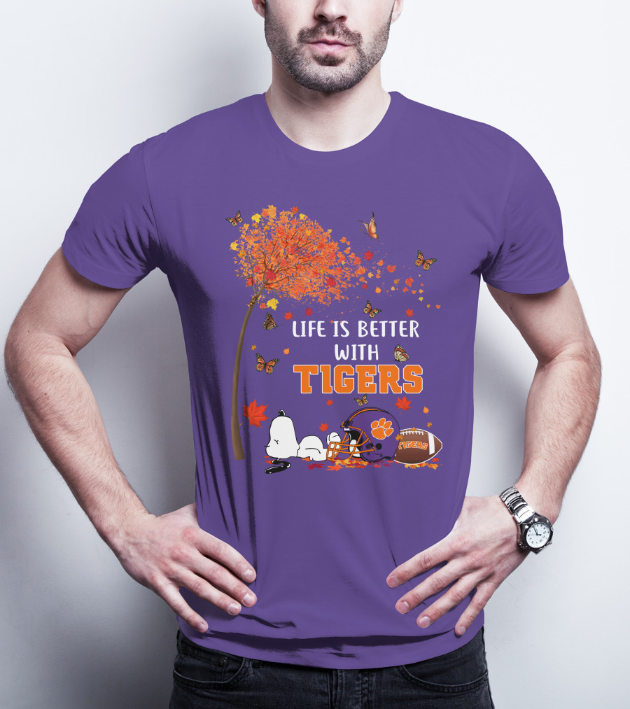 Life Is Better With Tigers Autumn Tree Snoopy Football Helmet Butterflies T-Shirt