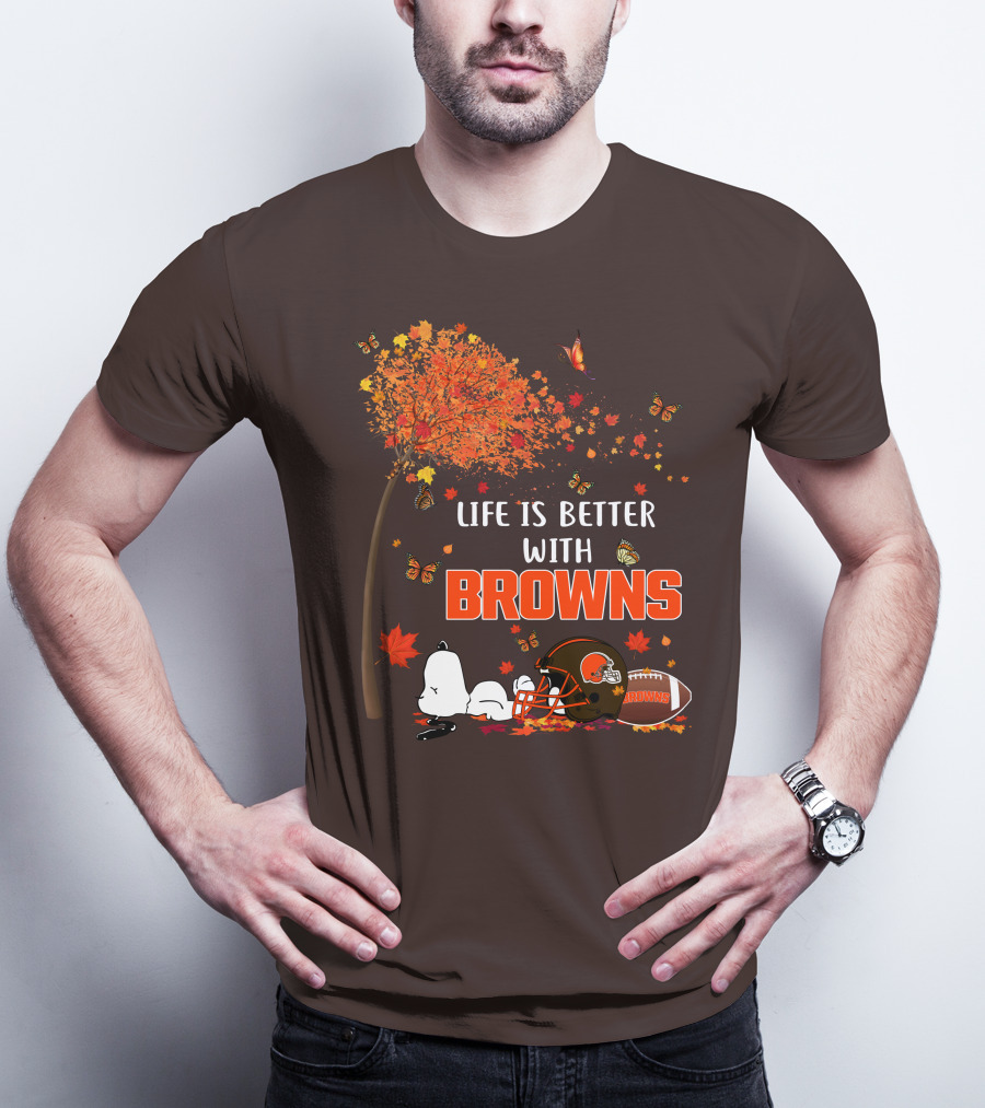 Life Is Better With My Cleveland Browns Football Autumn Scene And Peanuts Character T-Shirt