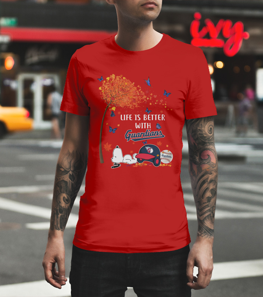 Life Is Better With Guardians Cleveland Guardians Baseball Autumn Tree Snoopy And Butterflies T-Shirt