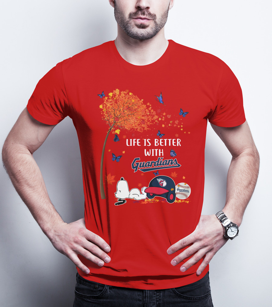 Life Is Better With Guardians Cleveland Guardians Baseball Autumn Tree Snoopy And Butterflies T-Shirt
