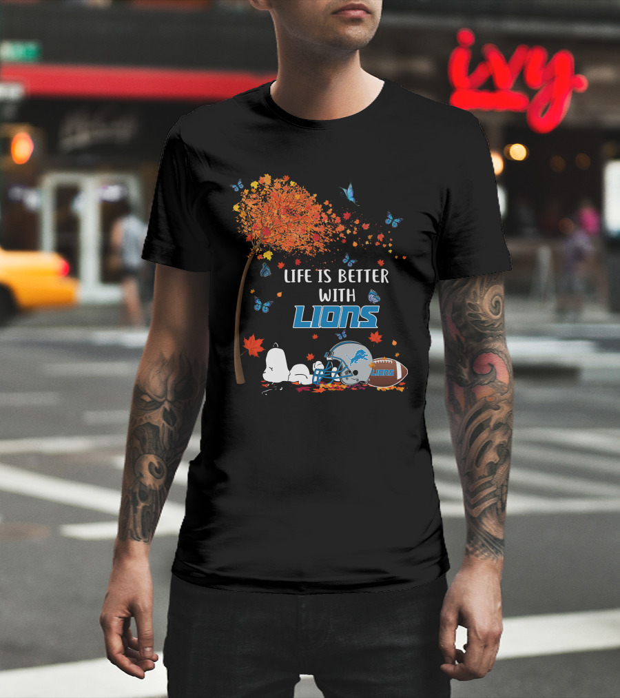 Life Is Better With Detroit Lions Autumn Leaves Football Helmet Snoopy Woodstock T-Shirt