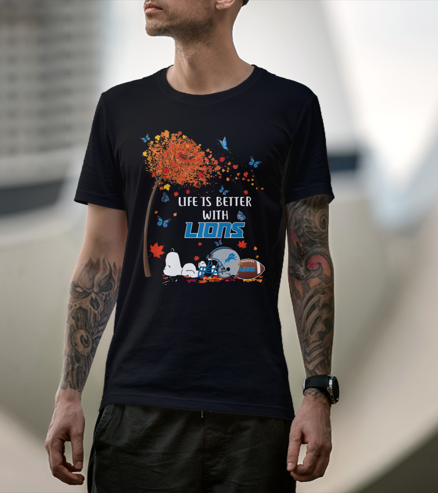 Life Is Better With Detroit Lions Autumn Leaves Football Helmet Snoopy Woodstock T-Shirt