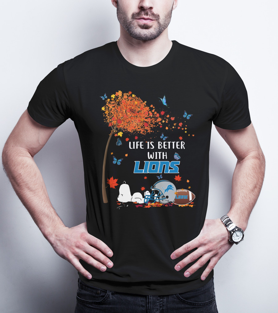 Life Is Better With Detroit Lions Autumn Leaves Football Helmet Snoopy Woodstock T-Shirt