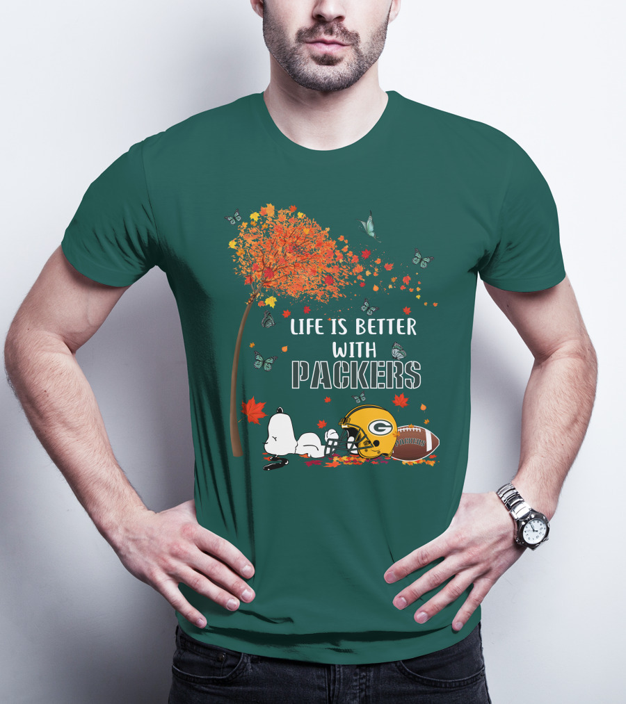 Life Is Better With Packers Green Bay Football Autumn Snoopy Leaves T-Shirt