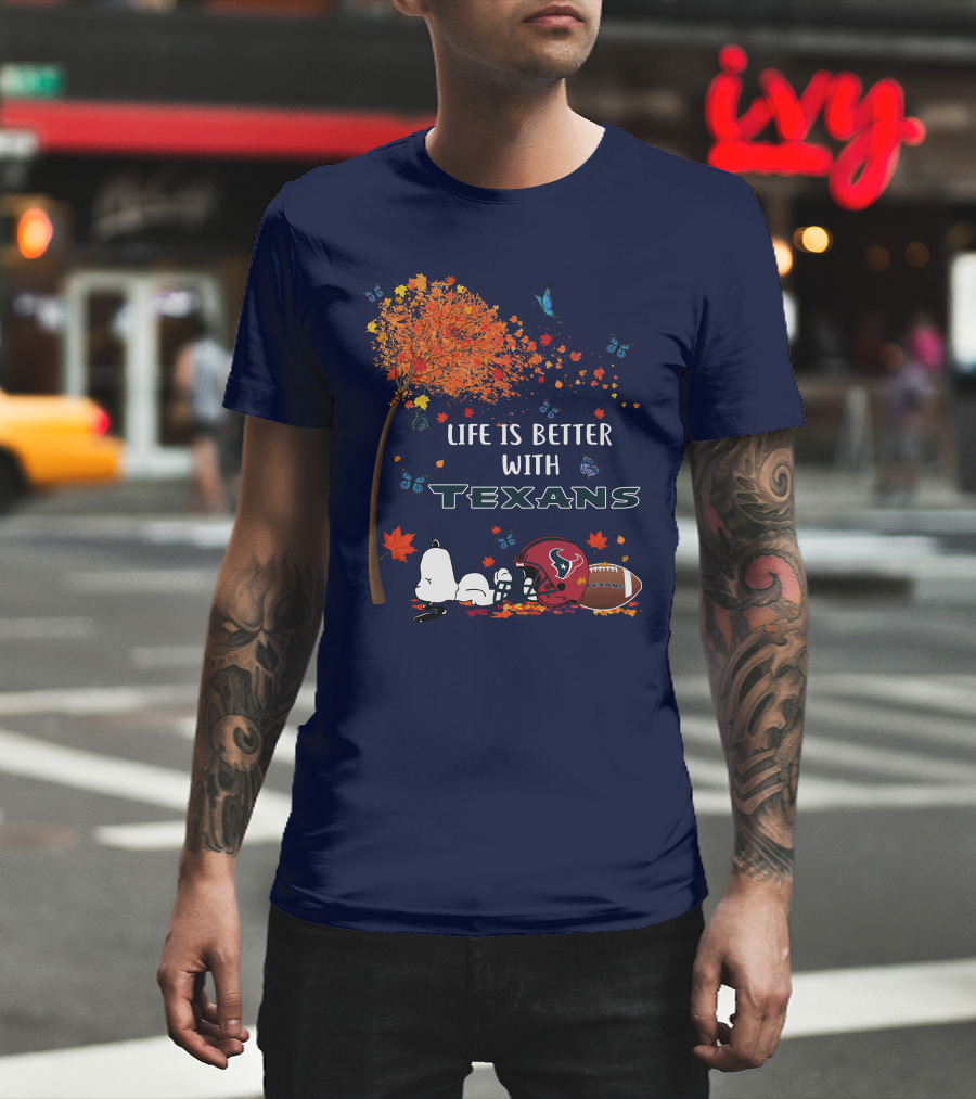 Life Is Better With Texans Football Snoopy Fall Leaves Butterflies T-Shirt