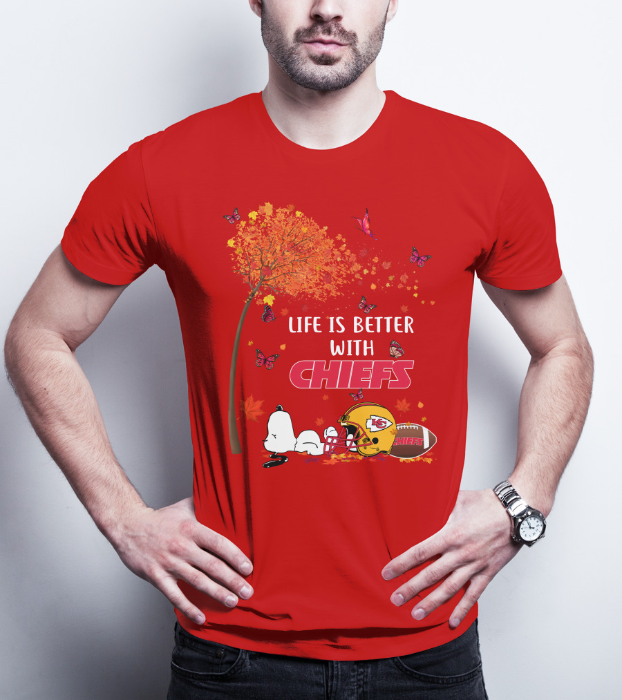 Life Is Better With Chiefs Fall Football Theme Snoopy And Butterflies T-Shirt