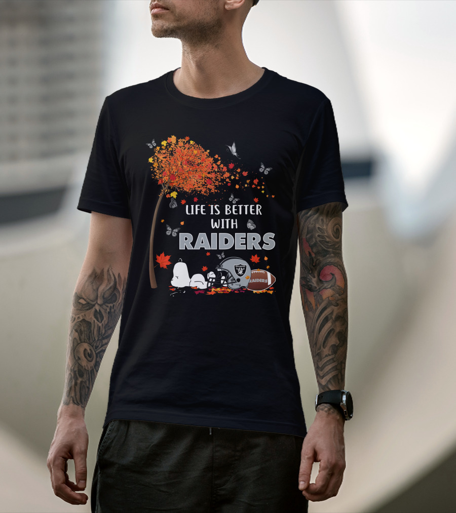 Life Is Better With Raiders Autumn Leaves And Snoopy Under Tree With Butterfly And Football Helmet T-Shirt