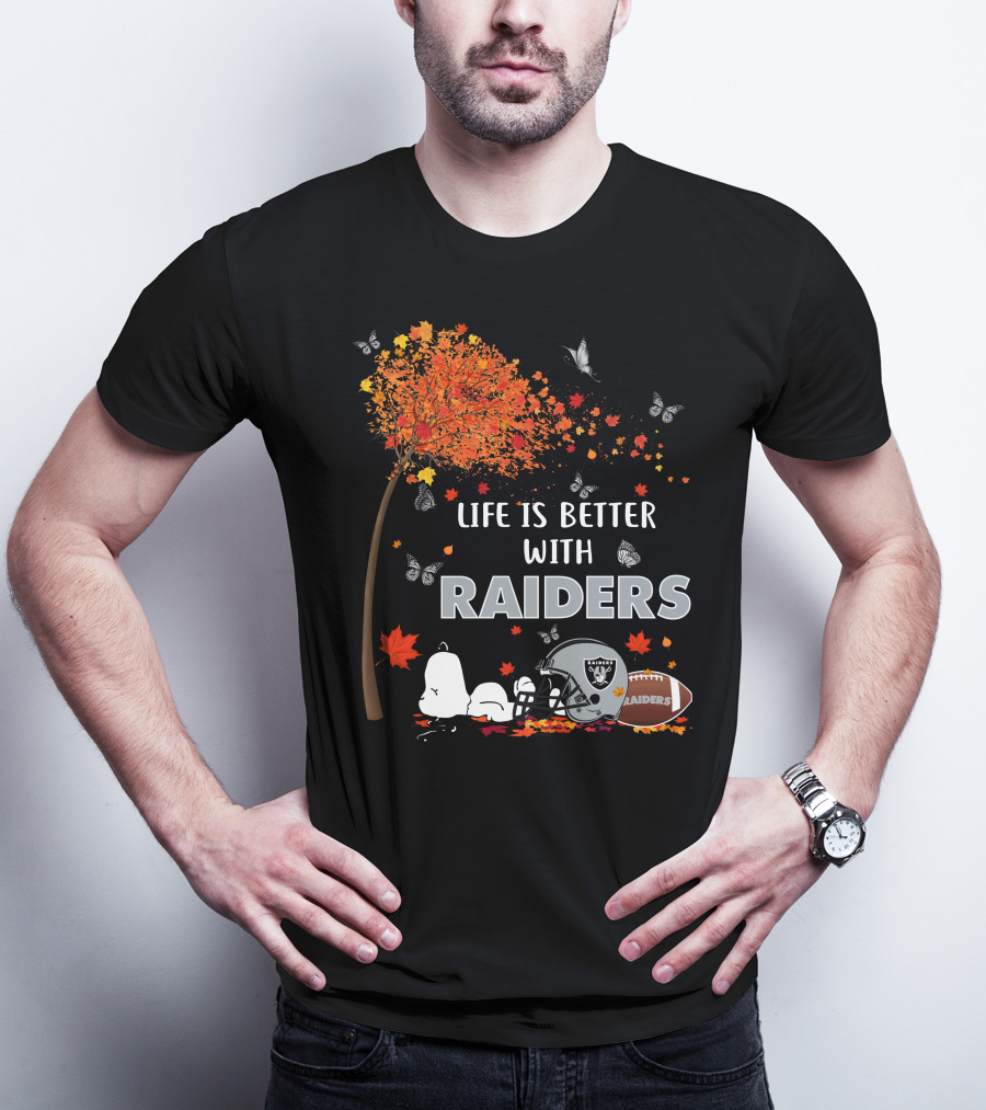 Life Is Better With Raiders Autumn Leaves And Snoopy Under Tree With Butterfly And Football Helmet T-Shirt