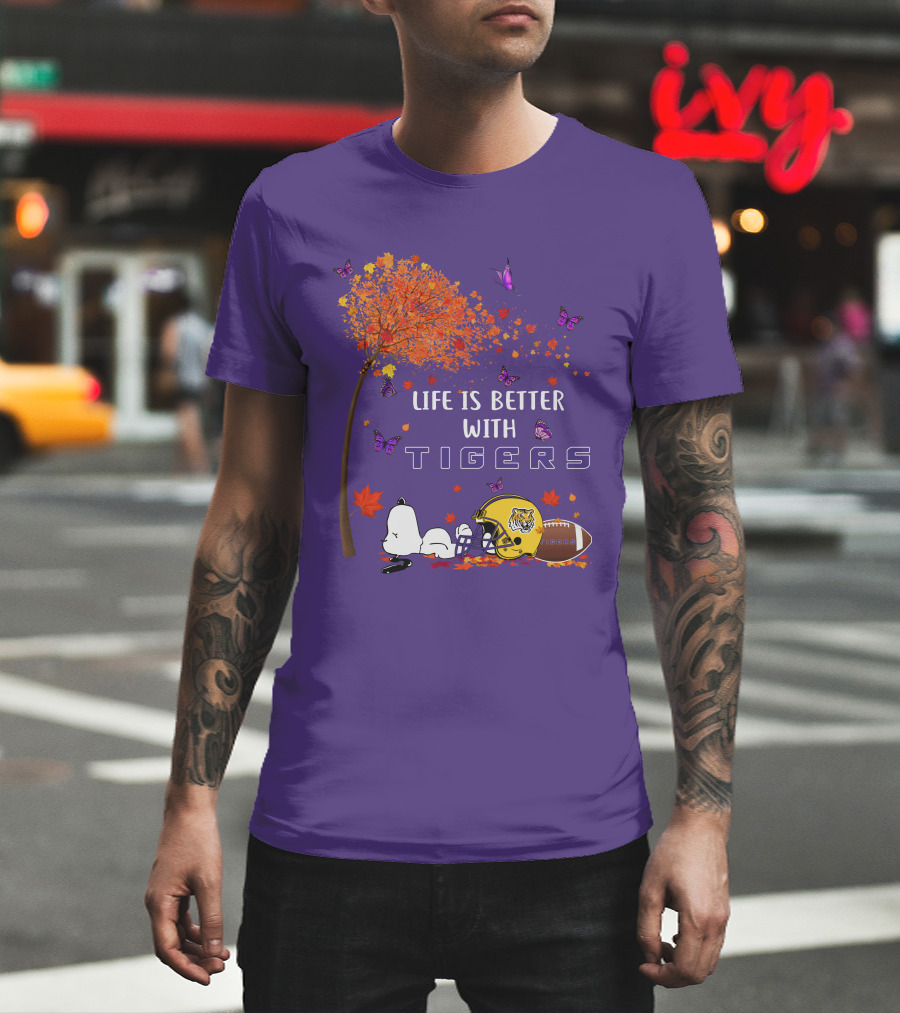 Life Is Better With Tigers Football Leaves Butterflies Helmet T-Shirt